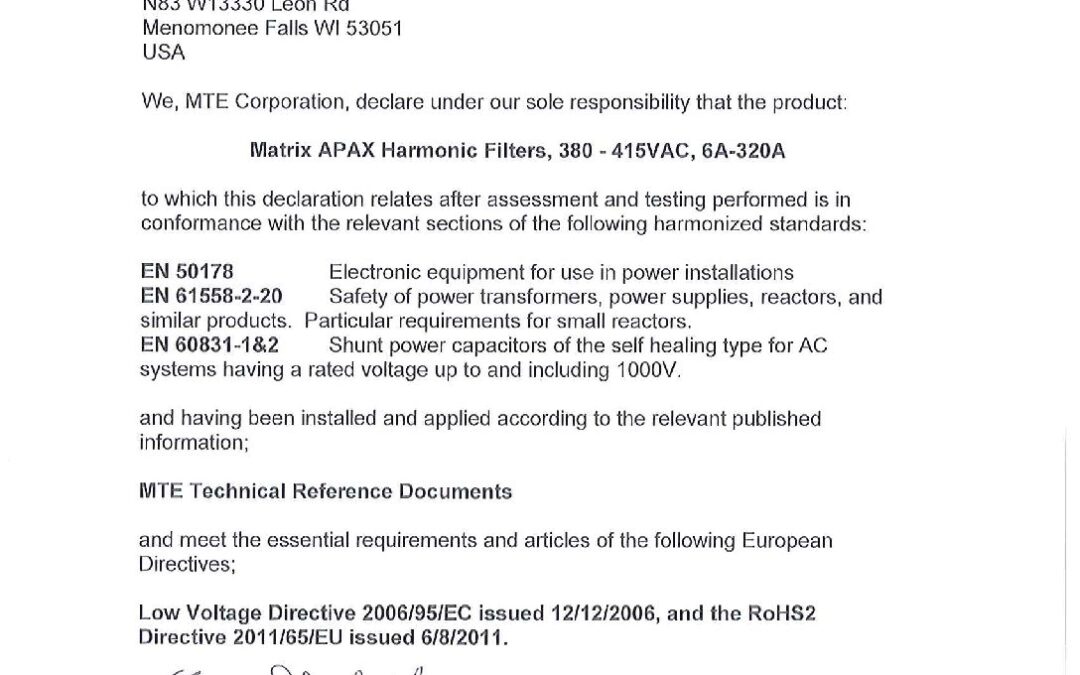 CE-Declaration-of-Conformity-Matrix-APAX-Filters | MTE Corporation